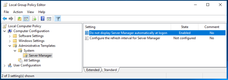 Prevent Server Manager starting at logon to Windows Server 2016